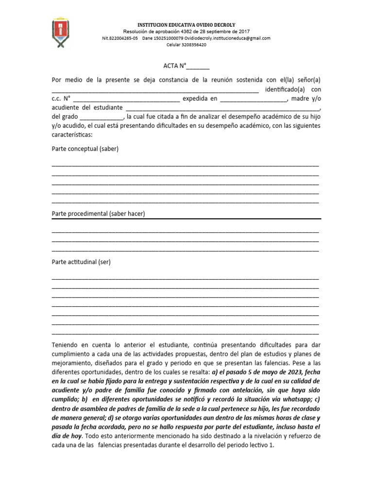acta seguimiento academico por periodo | PDF