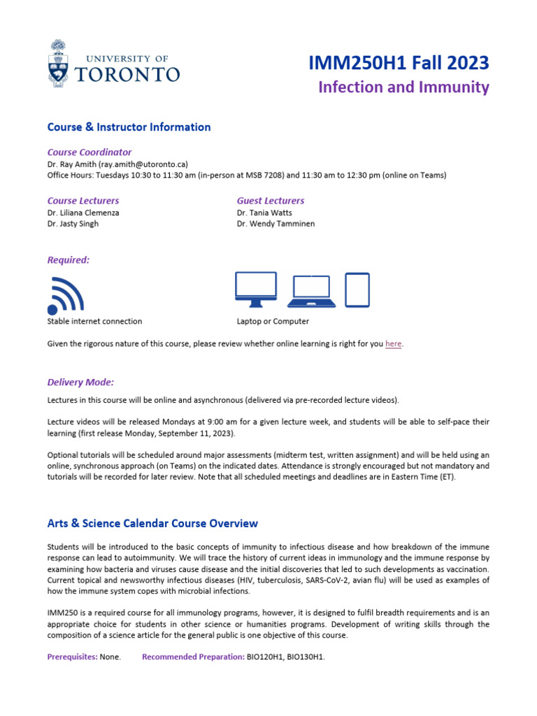 IMM250 Fall2023 Syllabus (Final) SRA | PDF | Immune System | Adaptive Immune System