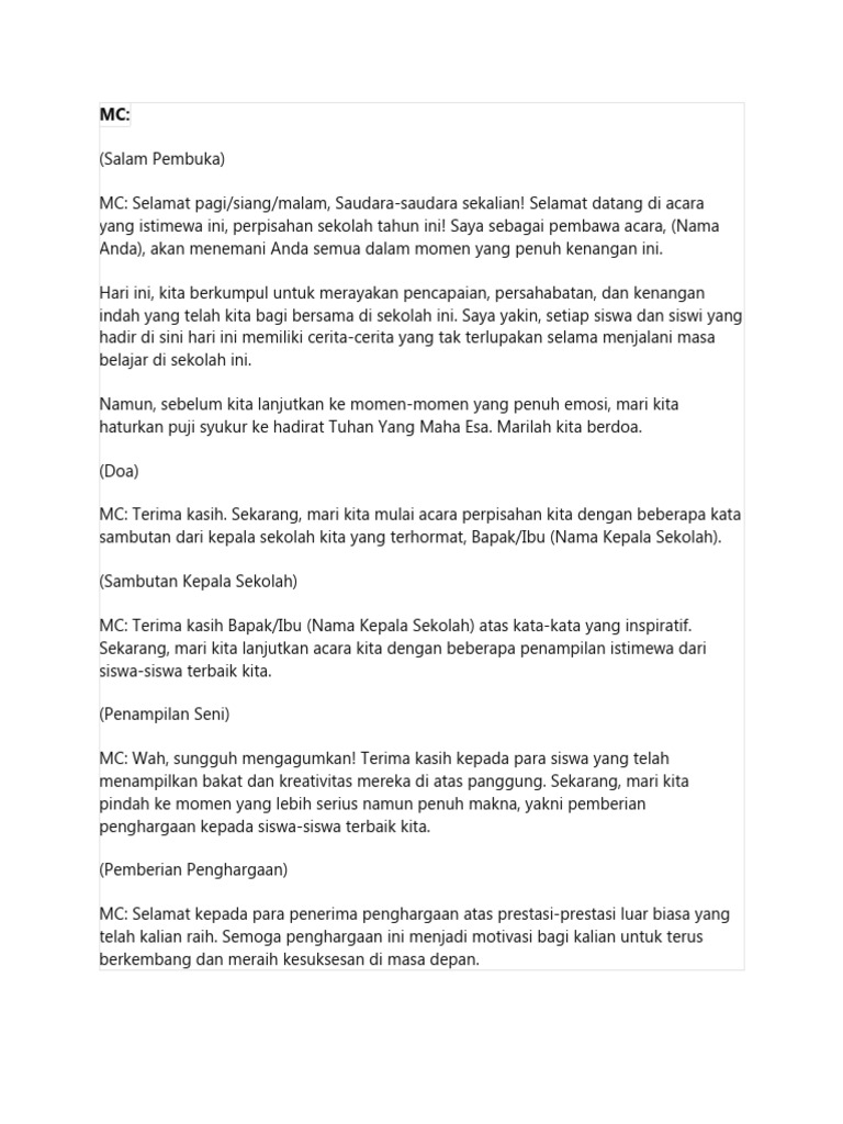 Contoh Naskah MC Perpisahan Sekolah | PDF | Seni & Disiplin Bahasa | Seni