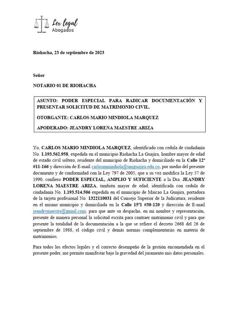 Minuta Poder Matrimonio | PDF | Documento de identidad | Gobierno y personalidad