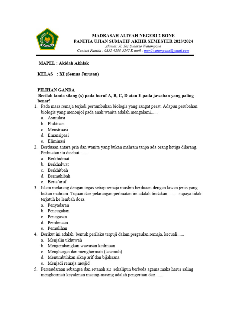 Soal Ujian Semester Genap Akidah Akhlak KELAS XI TA 2023-2024 | PDF | Agama & Spiritualitas