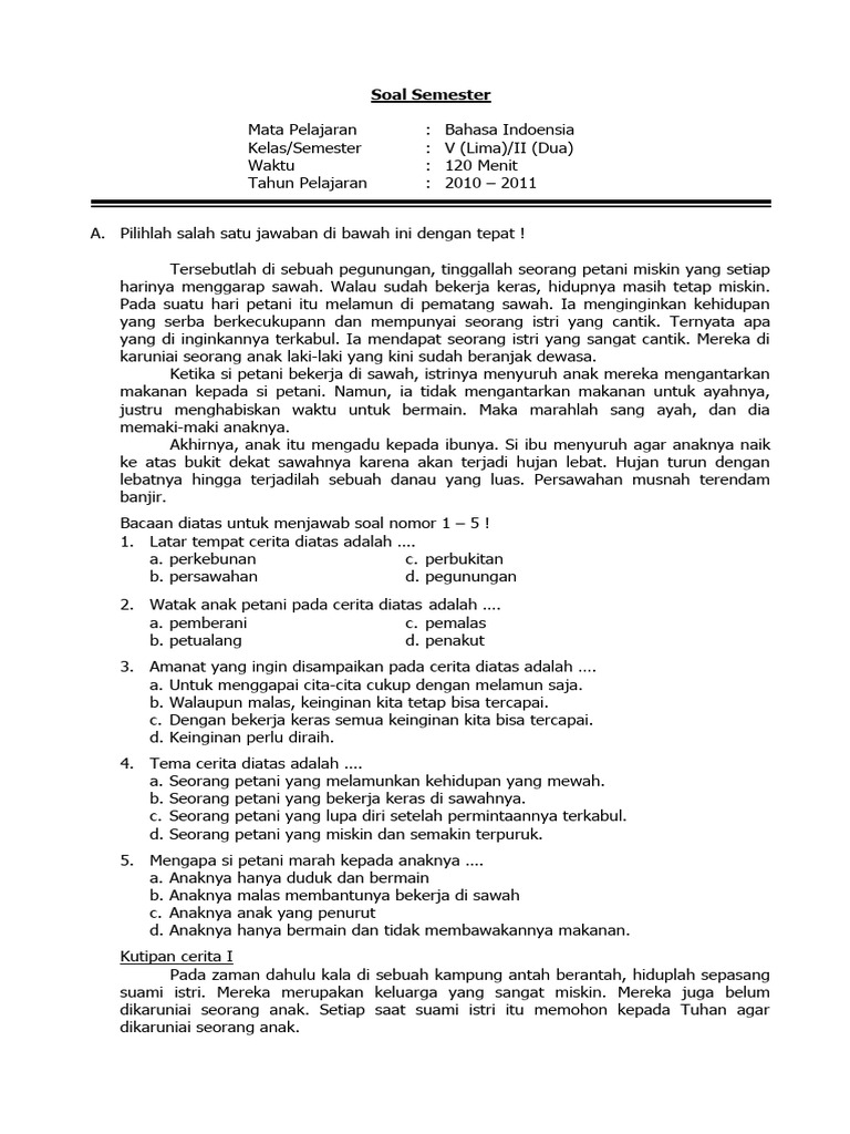 Soal Semester II (Bahasa Indoneisa) Kelas V | PDF