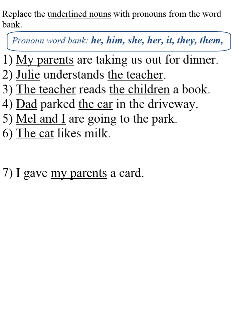 Pronoun Replacement Exercise | PDF | Language Arts & Discipline