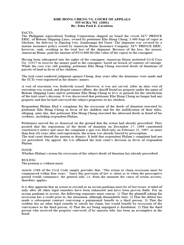 Khe Hong Cheng VS Ca | PDF | Complaint | Creditor