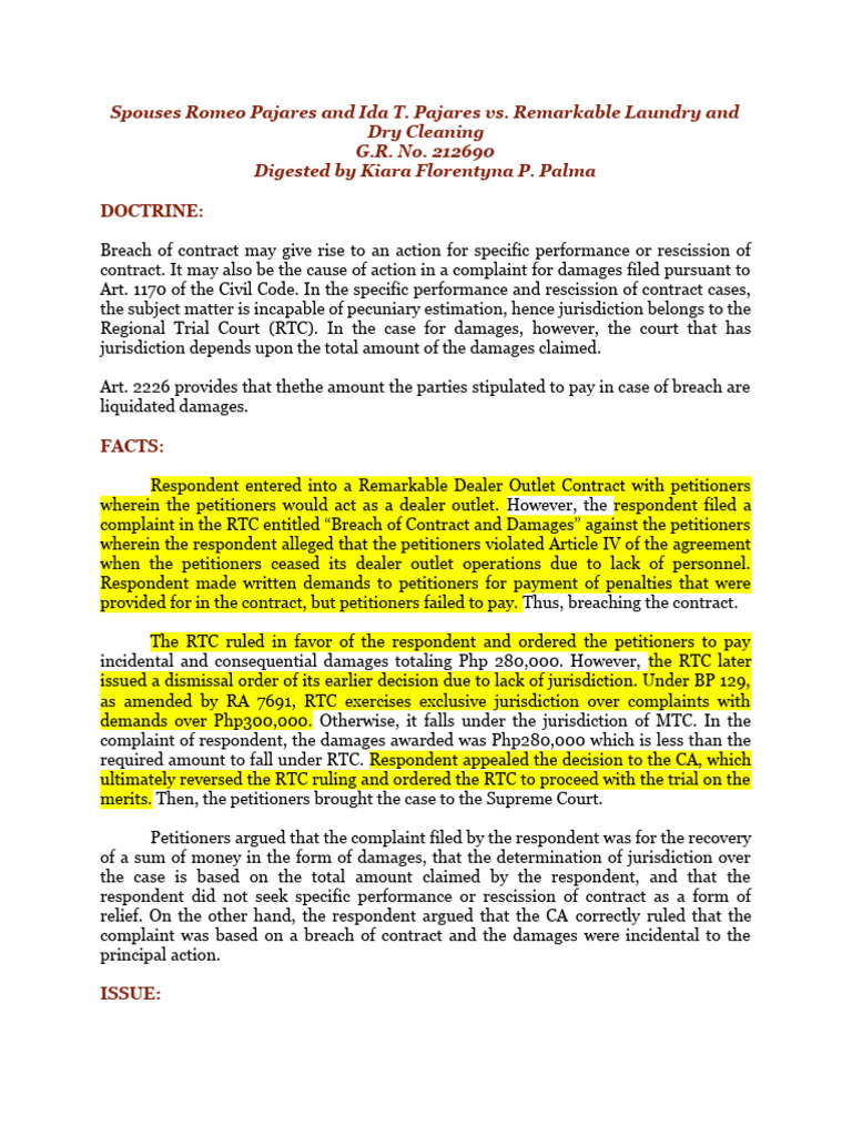 PAJARES Vs REMARKABLE LAUNDRY AND DRY CLEANING | PDF | Damages | Breach Of Contract