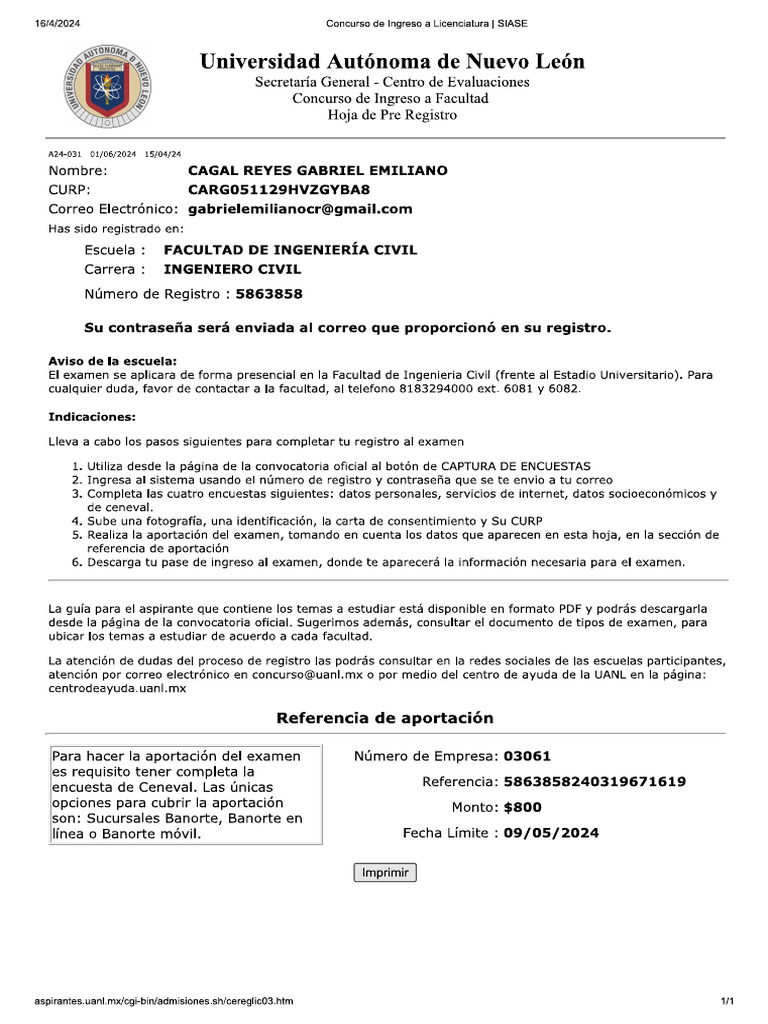 Mi Hoja de Pre Registro Uanl | PDF