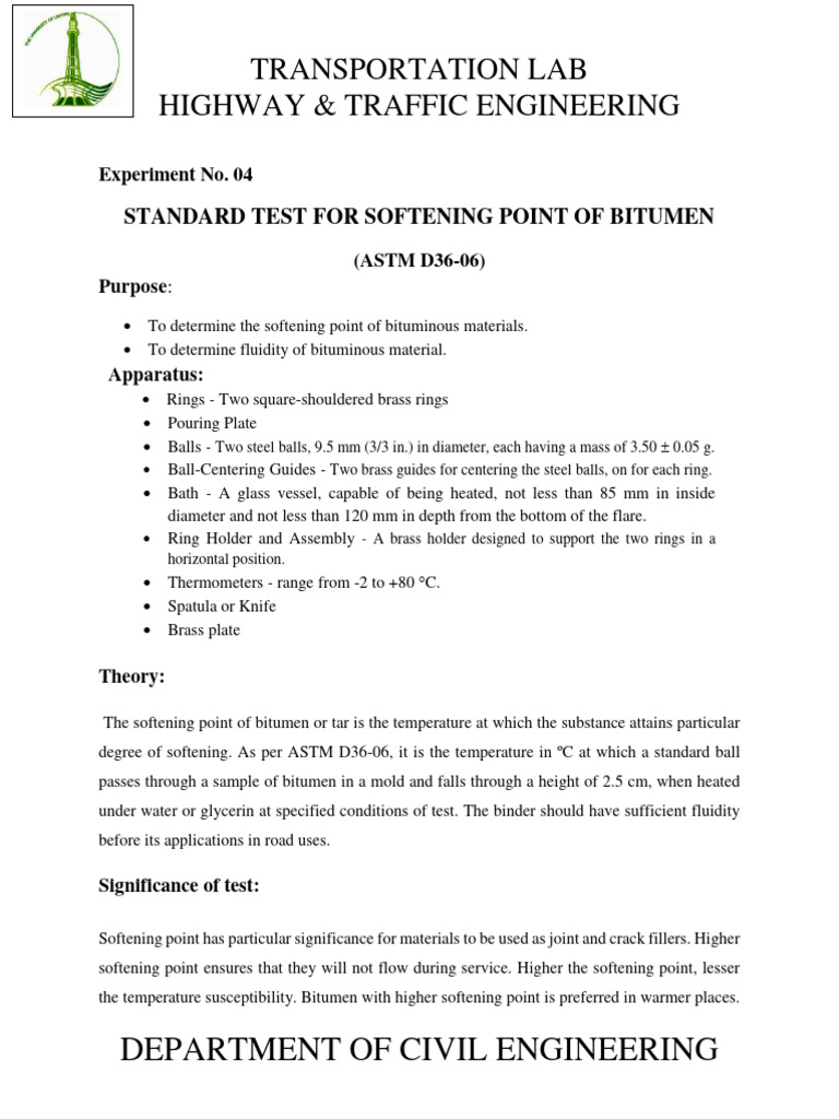 Softening Point Test for Bitumen | PDF | Temperature | Thermometer