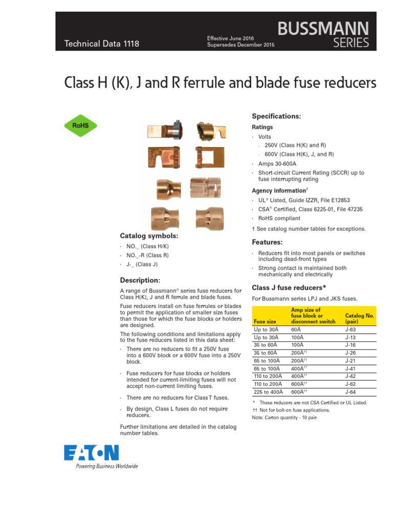 Bussmann: Class H (K), J and R Ferrule and Blade Fuse Reducers | PDF ...