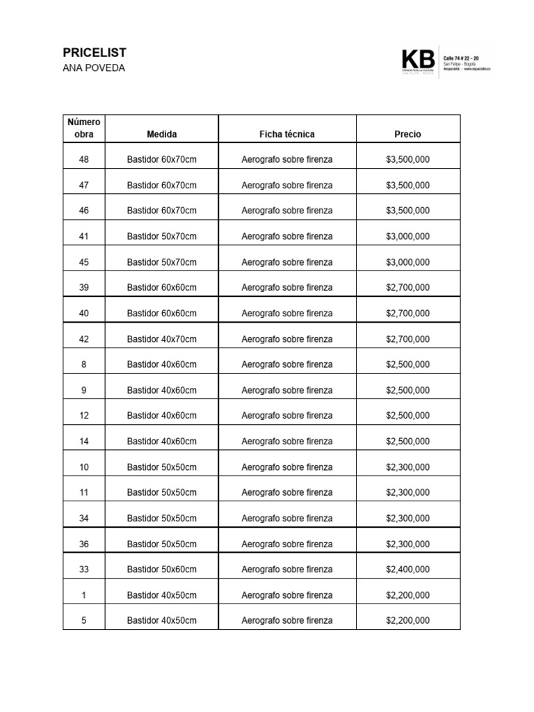 Lista de Precios Arte Ana Poveda | PDF