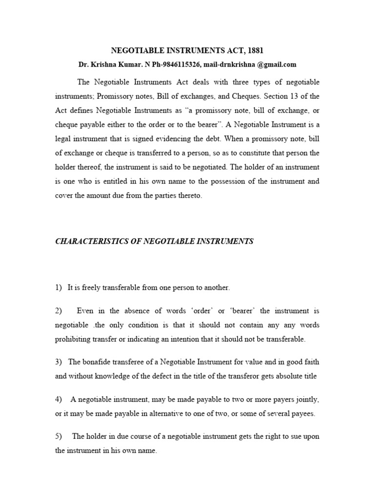 Negotiable Instruments Act, 1881 | PDF | Negotiable Instrument | Promissory Note