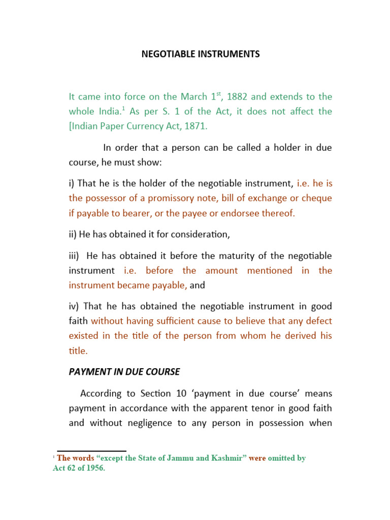 NEGOTIABLE INSTRUMENTS ACT, 1881-Part 2 | PDF | Negotiable Instrument ...