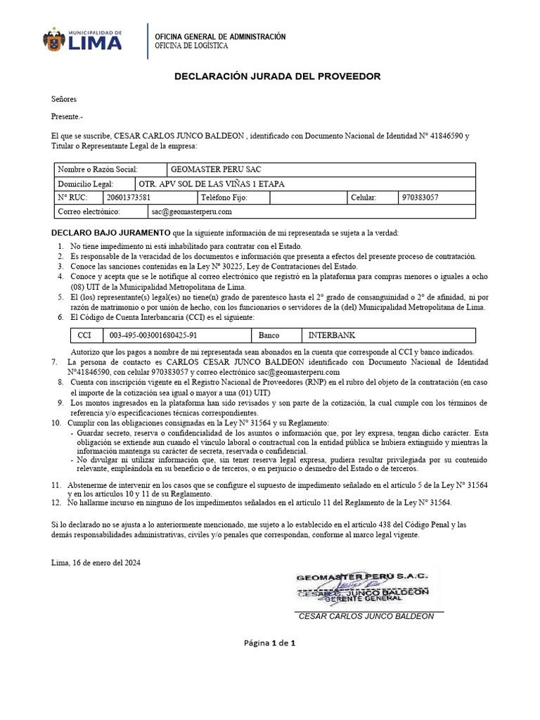 Declaración-Jurada-del-Proveedor ACTUALIZADO 055 | PDF | Derecho