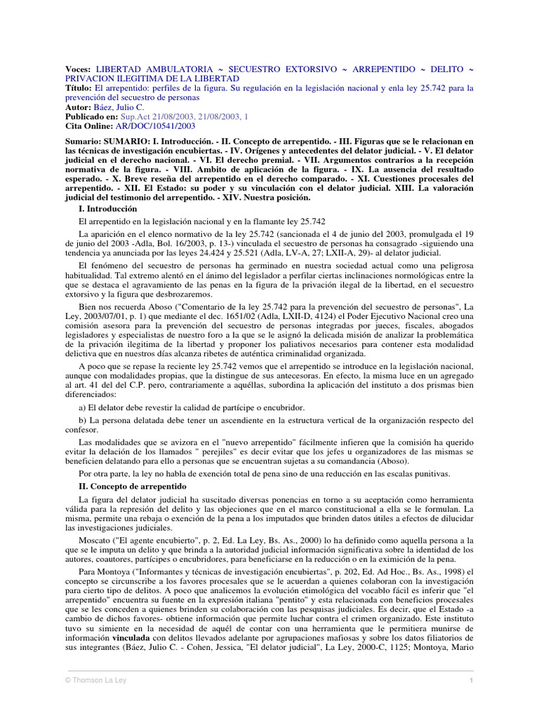 Baez-El Arrepentido y La Ley 25742 | PDF | Derecho penal | Castigos Baez-El Arrepentido y La Ley 25742 | PDF | Derecho penal | Castigos