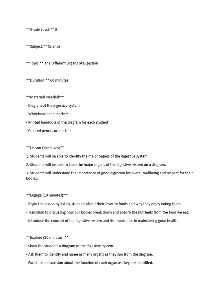 Digestive System Organs Lesson Plan | PDF | Wellness