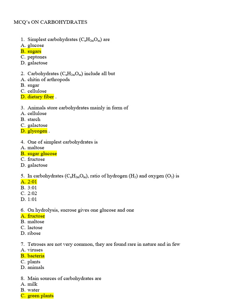 The Best Best Best MCQS For Carbohydrates Chapter | PDF | Carbohydrates ...