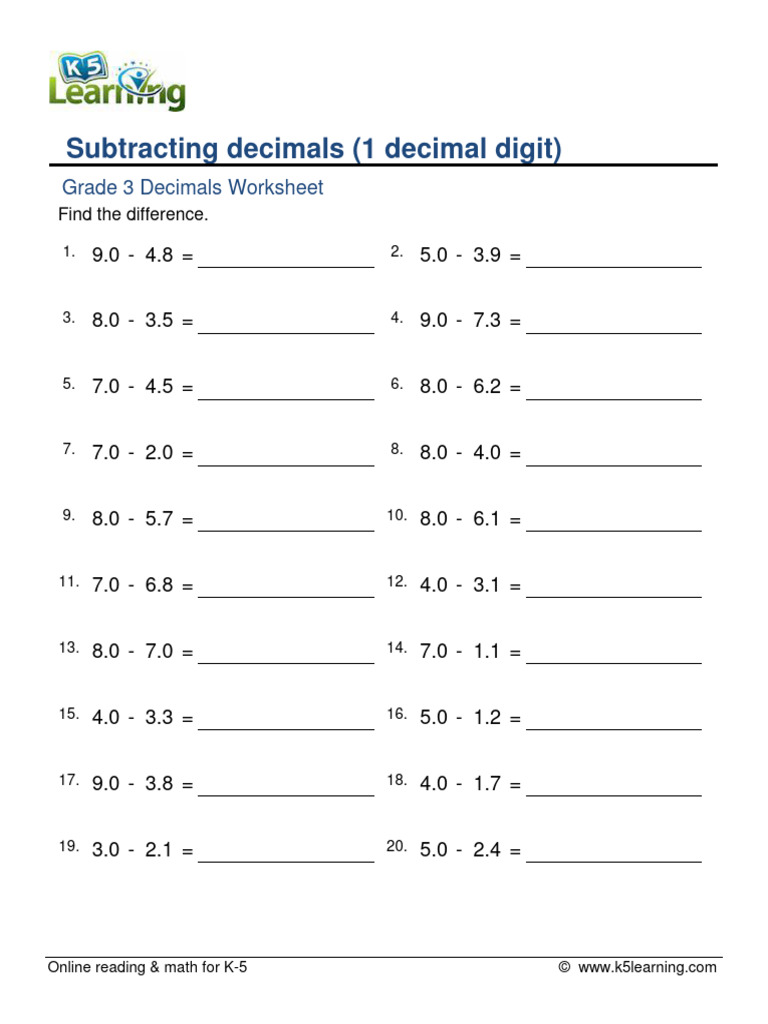 Grade 3 Subtracting Decimals 1 Digit A | PDF