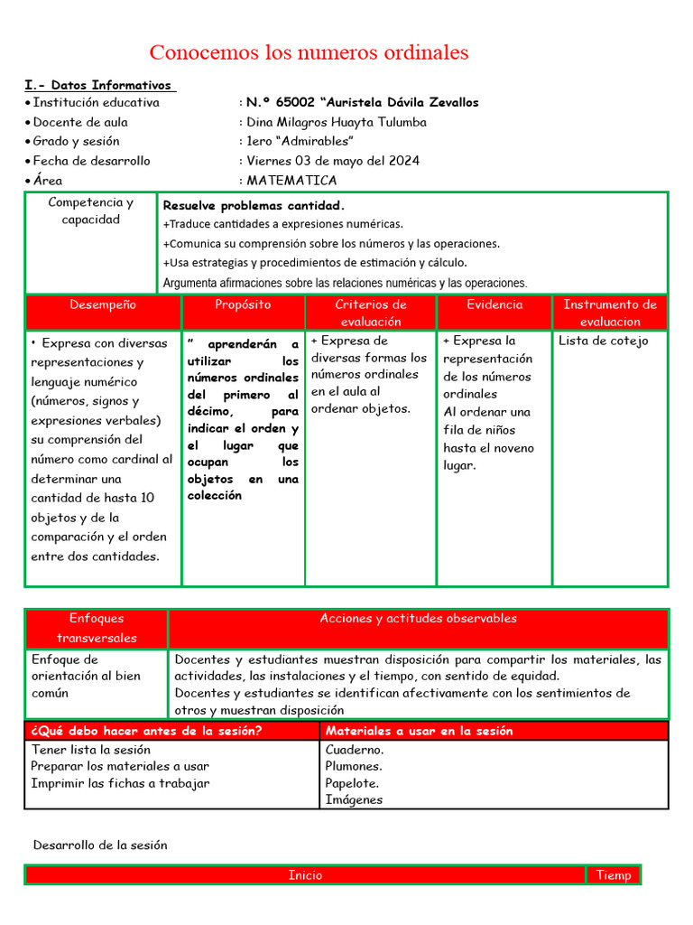 MATEMATICA-CONOCEMOS LOS NUMEROS ORDINALES | PDF | Evaluación
