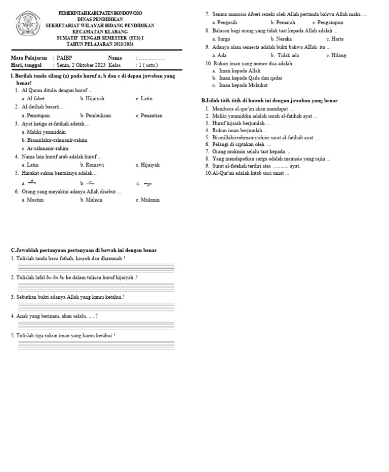 PAI Kls 1 Kumer | PDF
