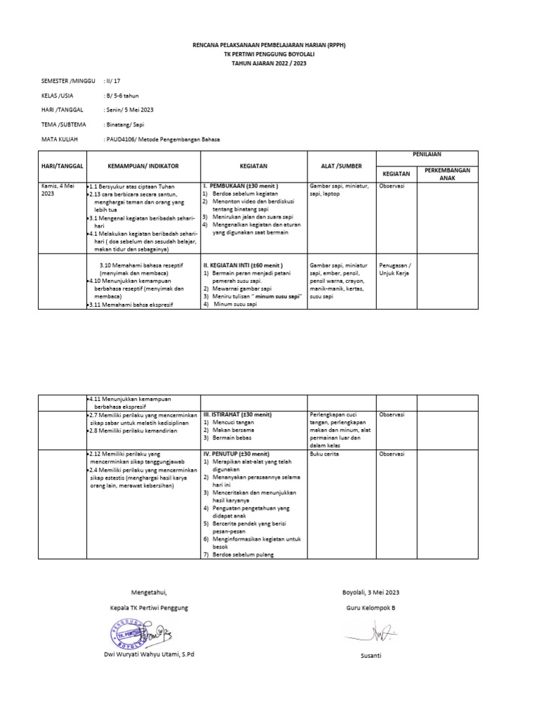 RPPH Tema Binatang Sapi TK Pertiwi | PDF