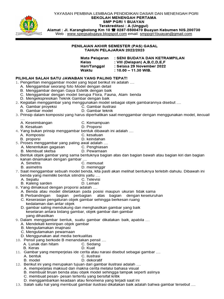 Soal PAS Seni Budaya Kelas VIII SMP | PDF