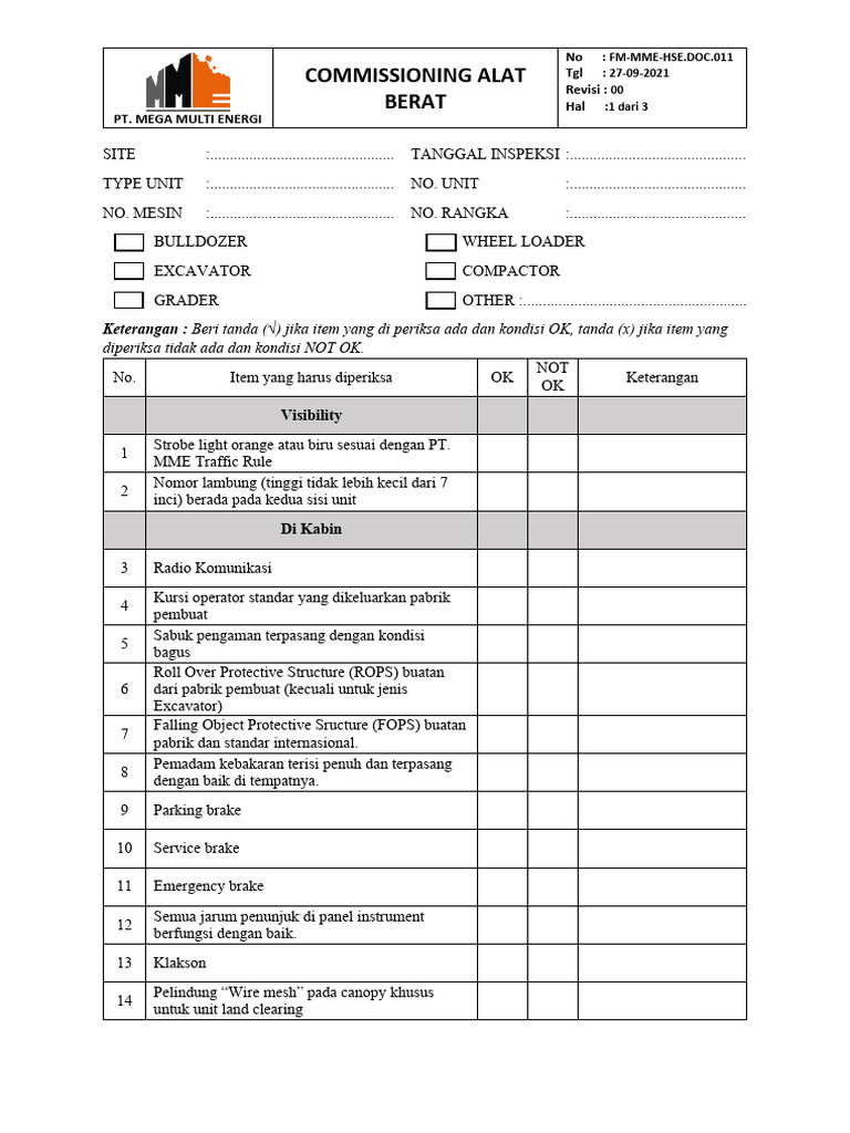 FM-SHE-009 Form Commissioning Alat Berat | PDF