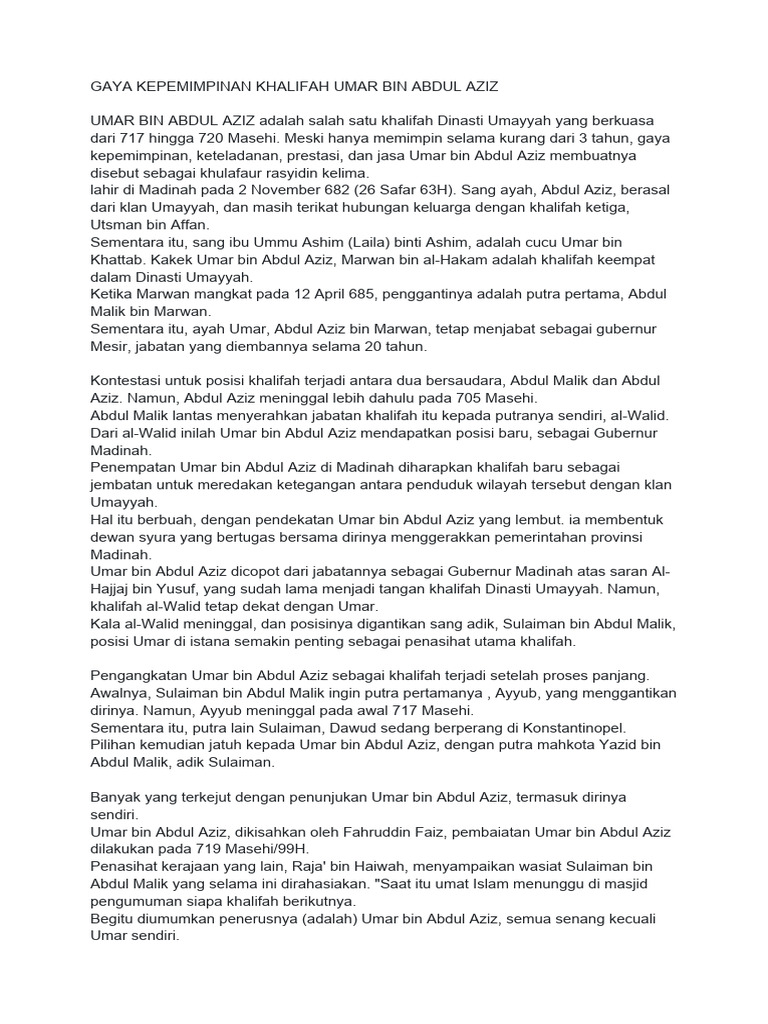 Gaya Kepemimpinan Khalifah Umar Bin Abdul Aziz Pdf
