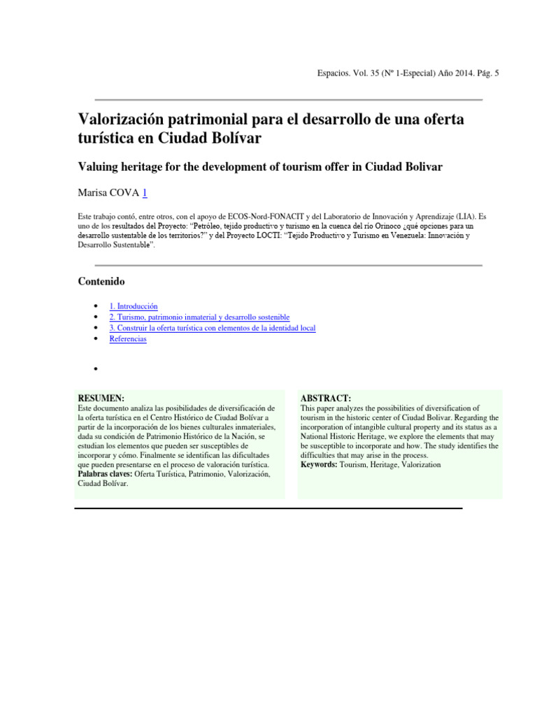 Valorización Patrimonial Para El Desarrollo de Una Oferta Turística en Ciudad Bolívar. Marisa ...