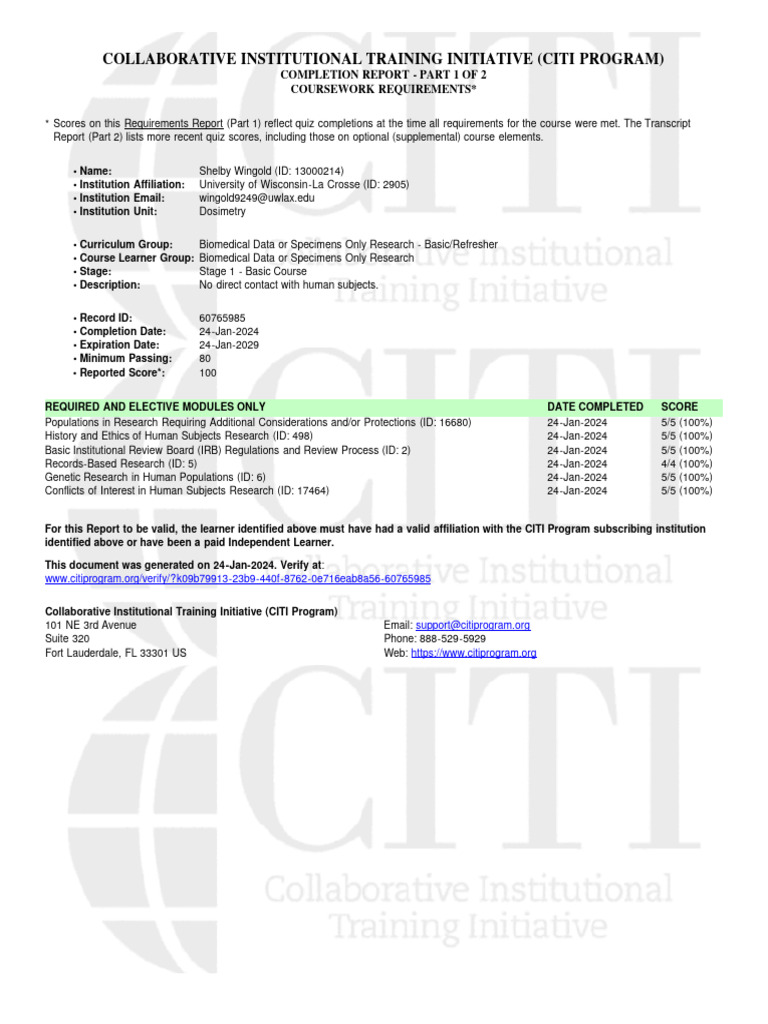 Citi Program Completion Report 1 Swingold | PDF | Institutional Review Board