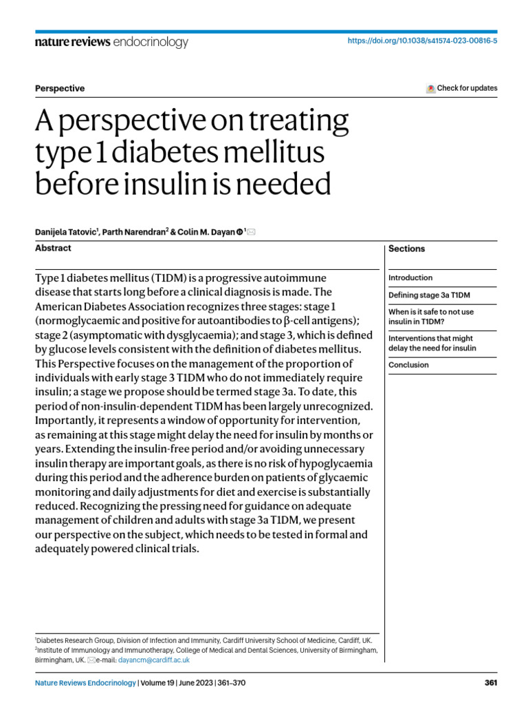 A Perspective On Treating Type 1 Diabetes Mellitus Before Insulin Is ...