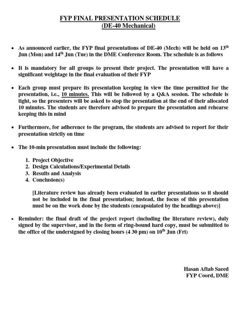 Mech Engg FYP Presentation Schedule | PDF