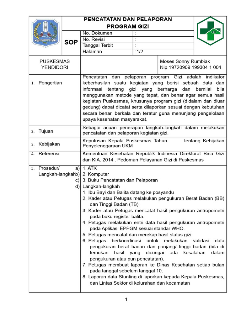 SOP PENCATATAN DAN GIZI EDIT - Copy | PDF