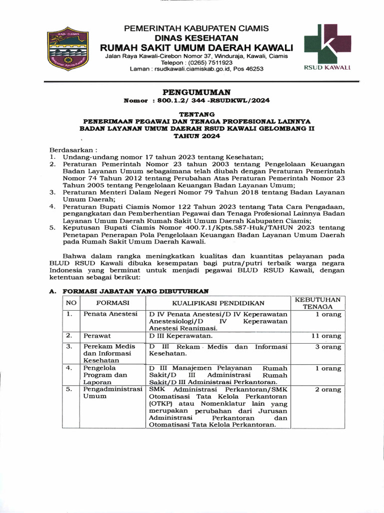 Pengumuman Rekrutmen Pegawai BLUD RSUD Kawali Gelombang 2 TTD | PDF