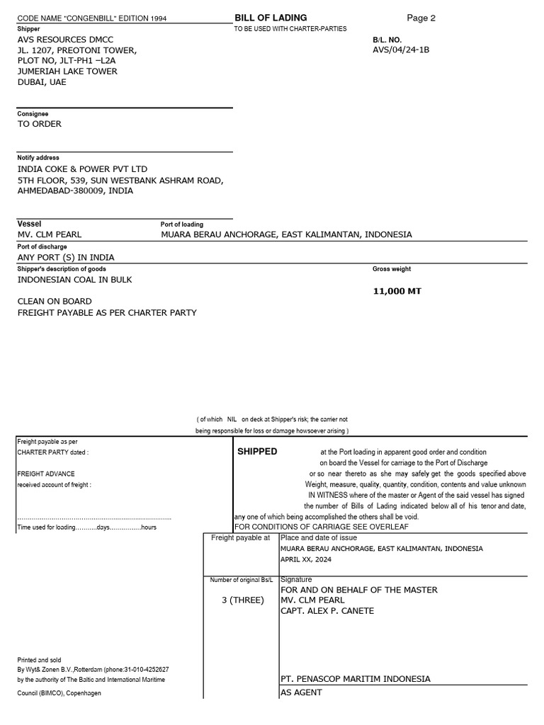 Draft BL - MV CLM Pearl B | PDF | Cargo | Freight Transport