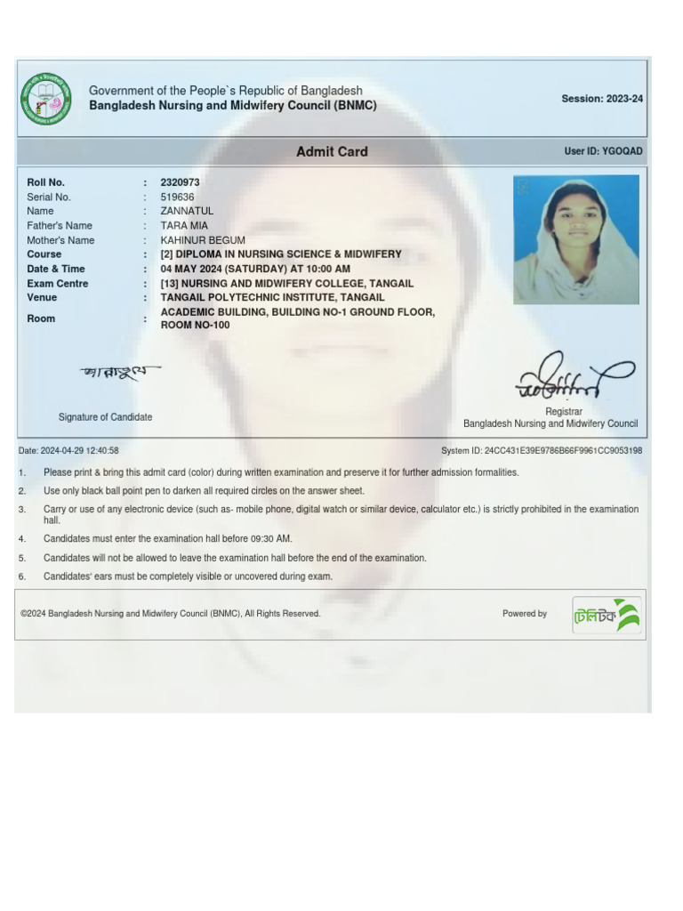 BNMC AdmitCard YGOQAD | PDF