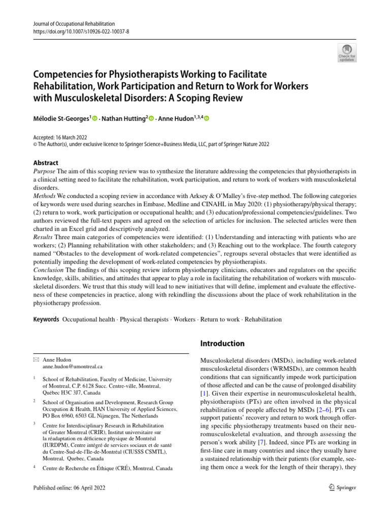 Work Participation and Return To Work For Workers With Musculoskeletal ...