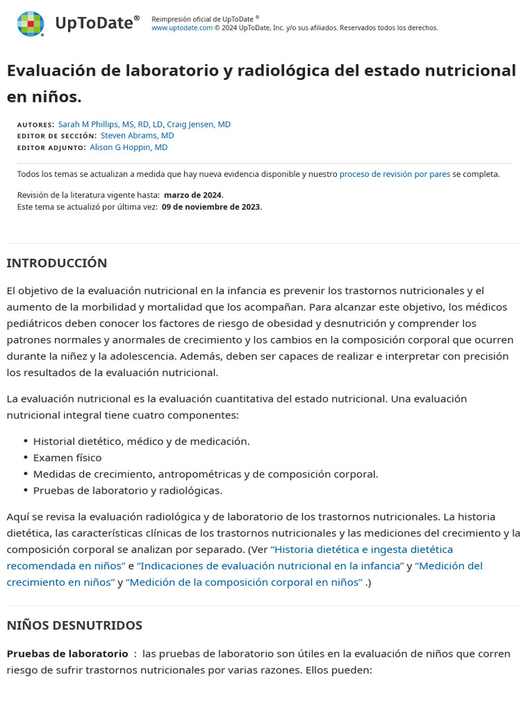 Evaluación de Laboratorio y Radiológica Del Estado Nutricional en Niños - UpToDate | PDF ...
