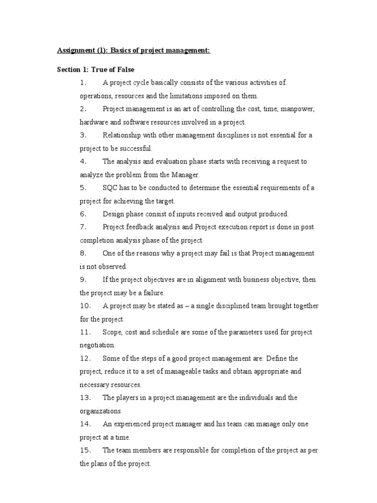 Project Management Assignment 1 True False Questions Fill in The Blanks Open Questions | PDF ...