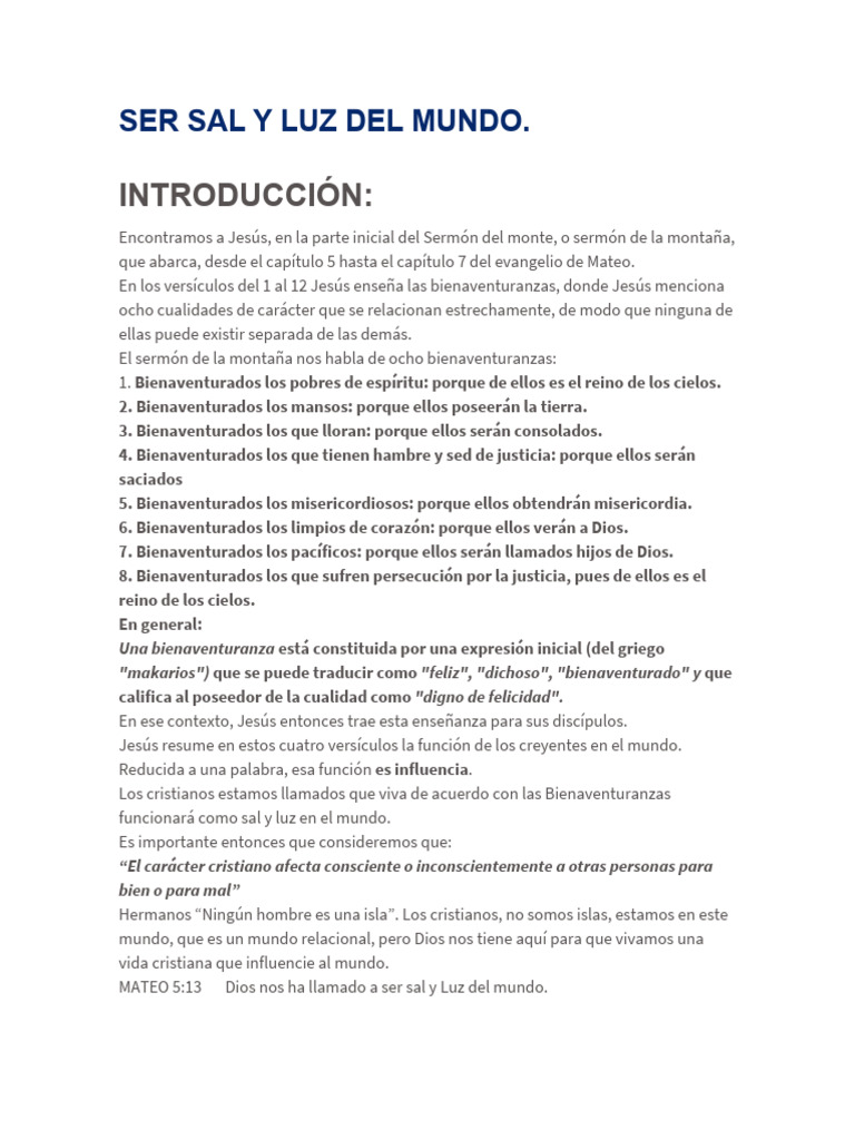 Ser Sal y Luz Del Mundo | Descargar gratis PDF | Sermón de la Montaña | Bienaventuranzas