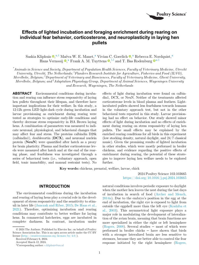 Effects of Lighted Incubation and Foraging Enrichment During Rearing On Individual Fear Behavior ...