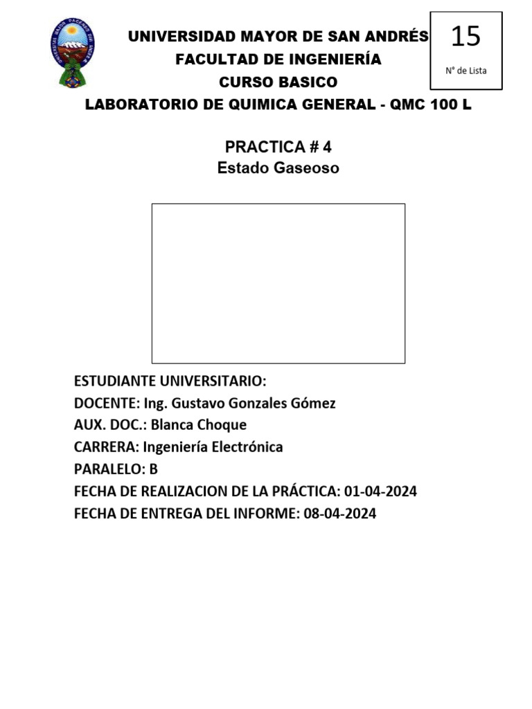UNIVERSIDAD MAYOR DE SAN ANDRÉS Lab 1 | PDF | Gases | Mole (Unidad)