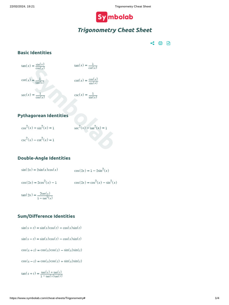 Trigonometry Cheat Sheet | PDF | Trigonometric Functions | Trigonometry