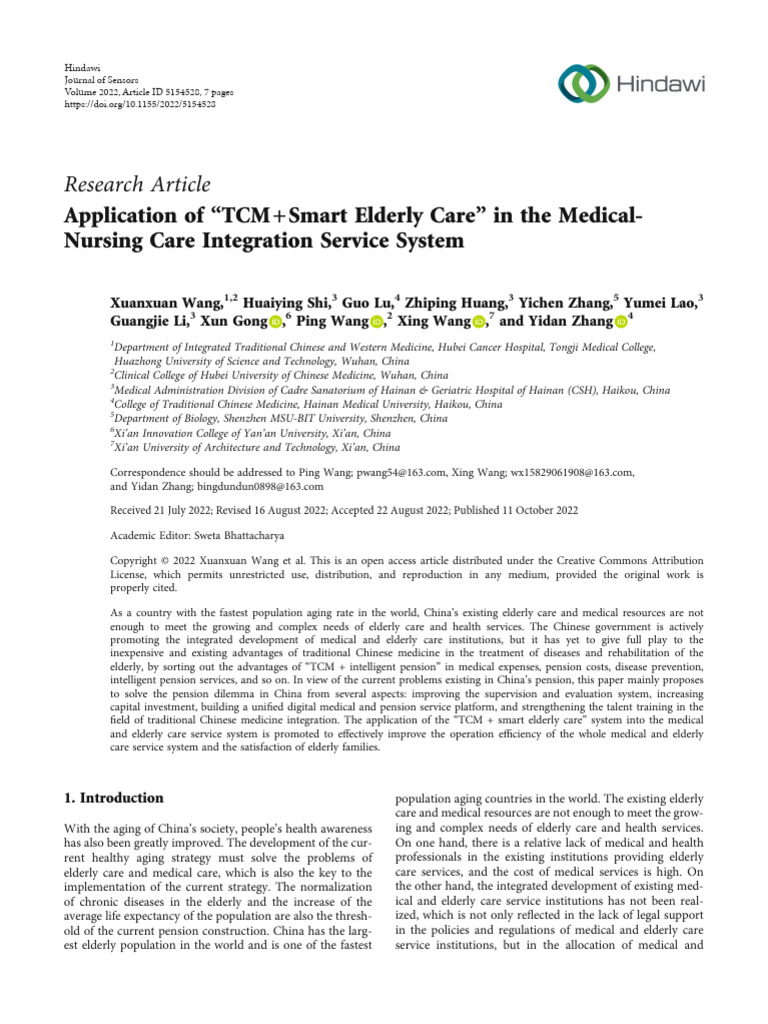 Application of "TCM+Smart Elderly Care" in The MedicalNursing Care ...