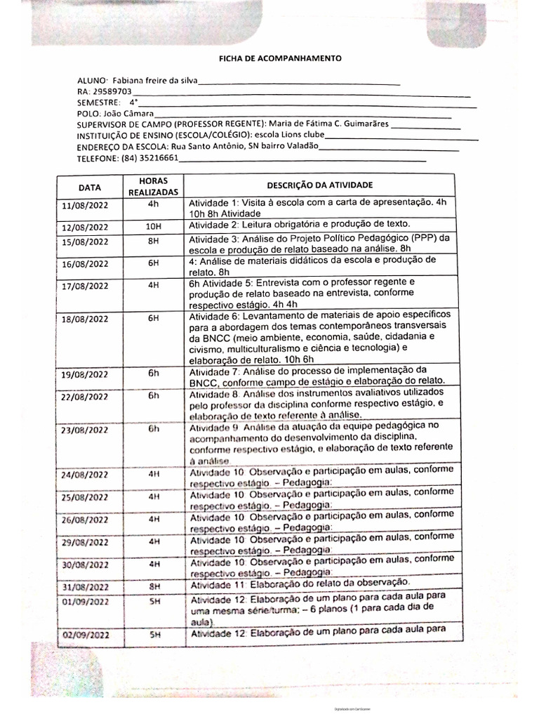 Modelo de Ficha de Estagio Unopar | PDF