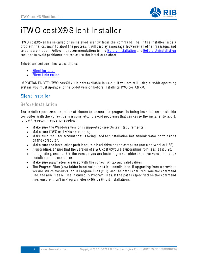 iTWO Costx Silent Installer | PDF | Installation (Computer Programs) | Command Line Interface