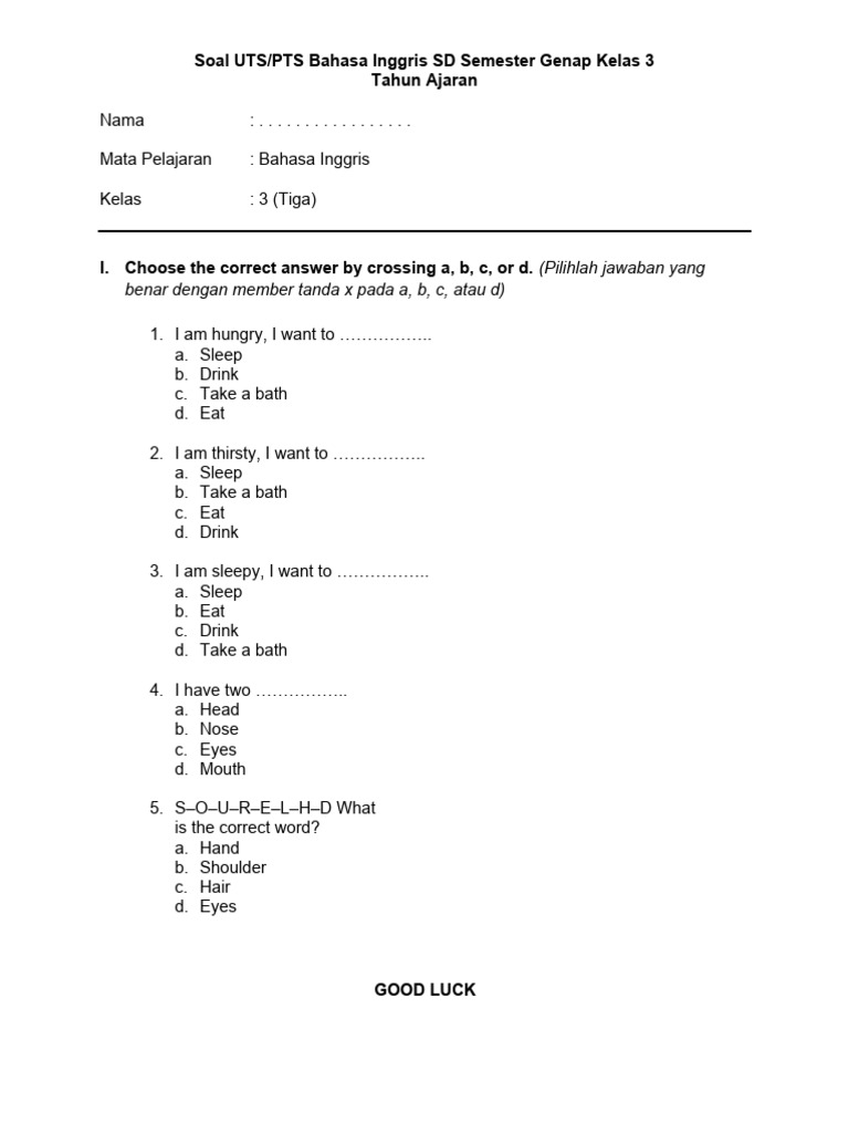 SOAL UTS BAHASA INGGRIS KELAS 3 | Download Free PDF | Interior Design | Room