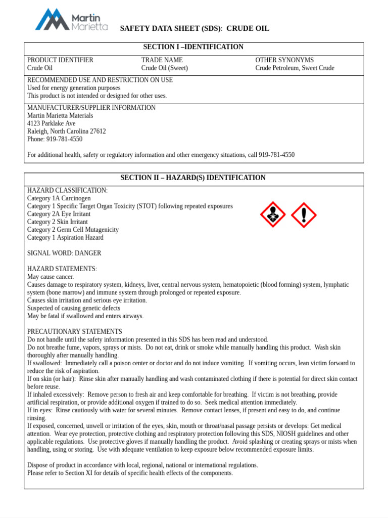 Crude Oil Sds Mar 2015 | PDF | Workplace | Safety