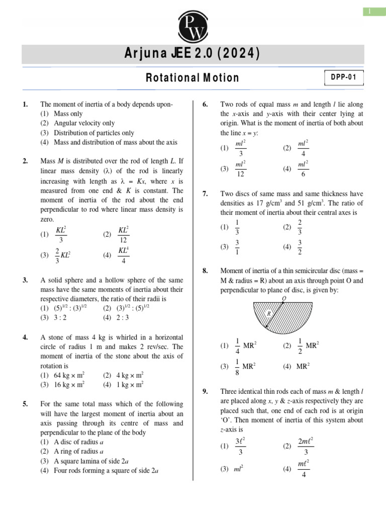 Rotational Motion _ DPP 01 (of lec 02) __ Arjuna JEE 2.0 2024 | Download Free PDF | Rotation ...