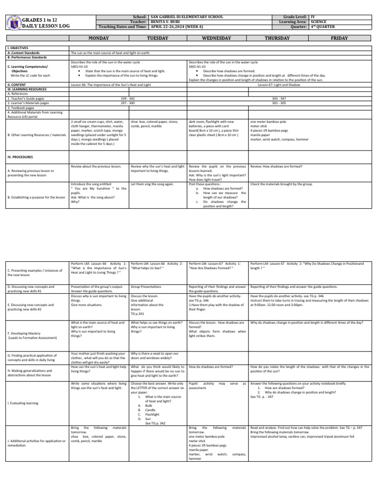 DLL - Science 4 - Q4 - W4 | PDF | Shadow | Learning