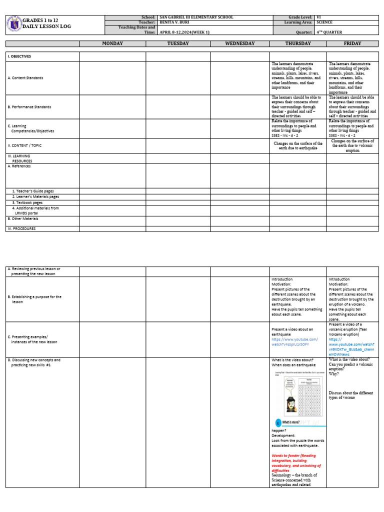 DLL - Science 6 - Q4 - W1 | PDF | Earthquakes | Volcano