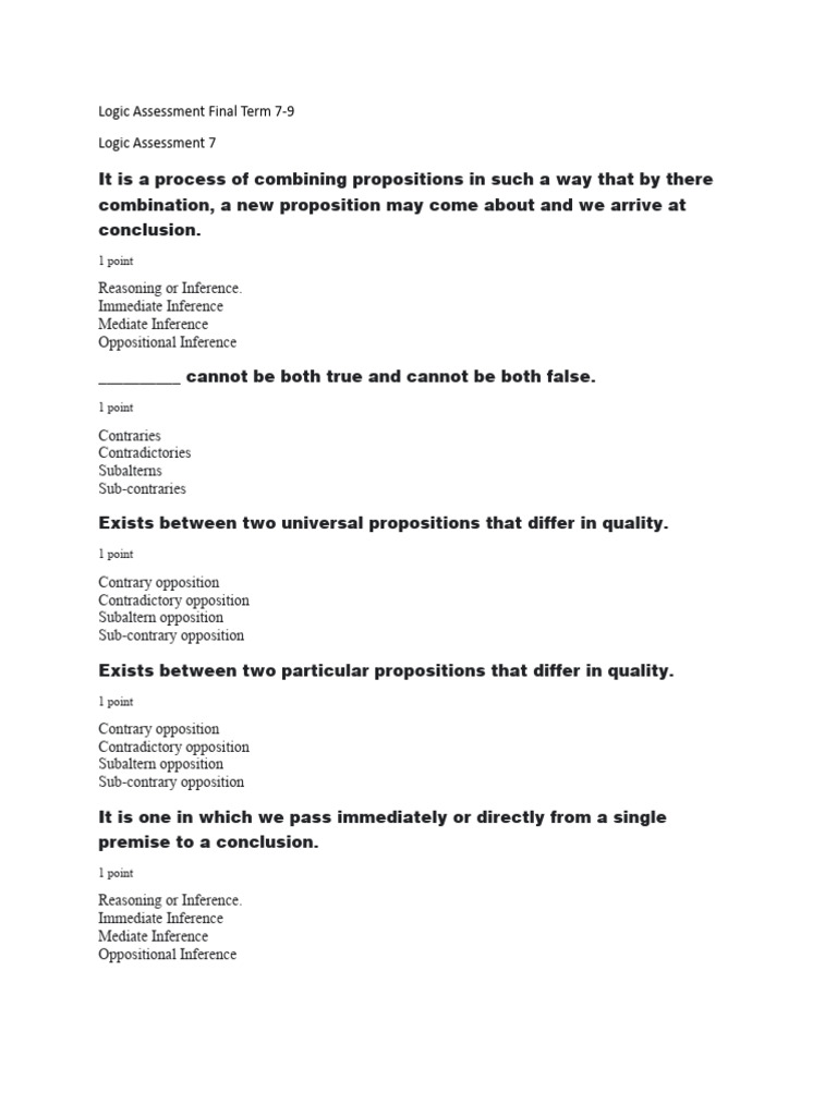 Logic Assessment Final Term 7-9 | PDF | Inference | Logic